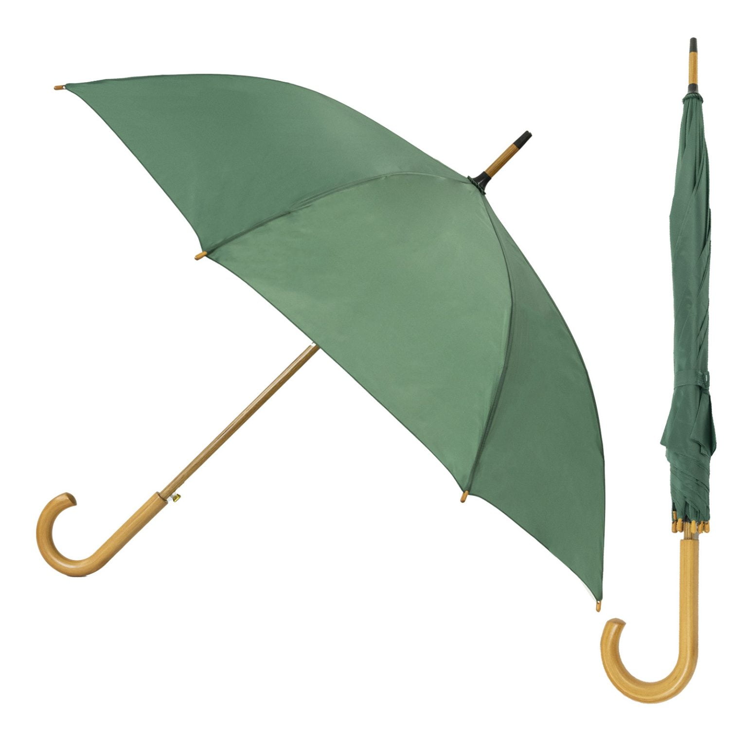 Green Umbrella - wood stick, auto-open with wooden crook handle