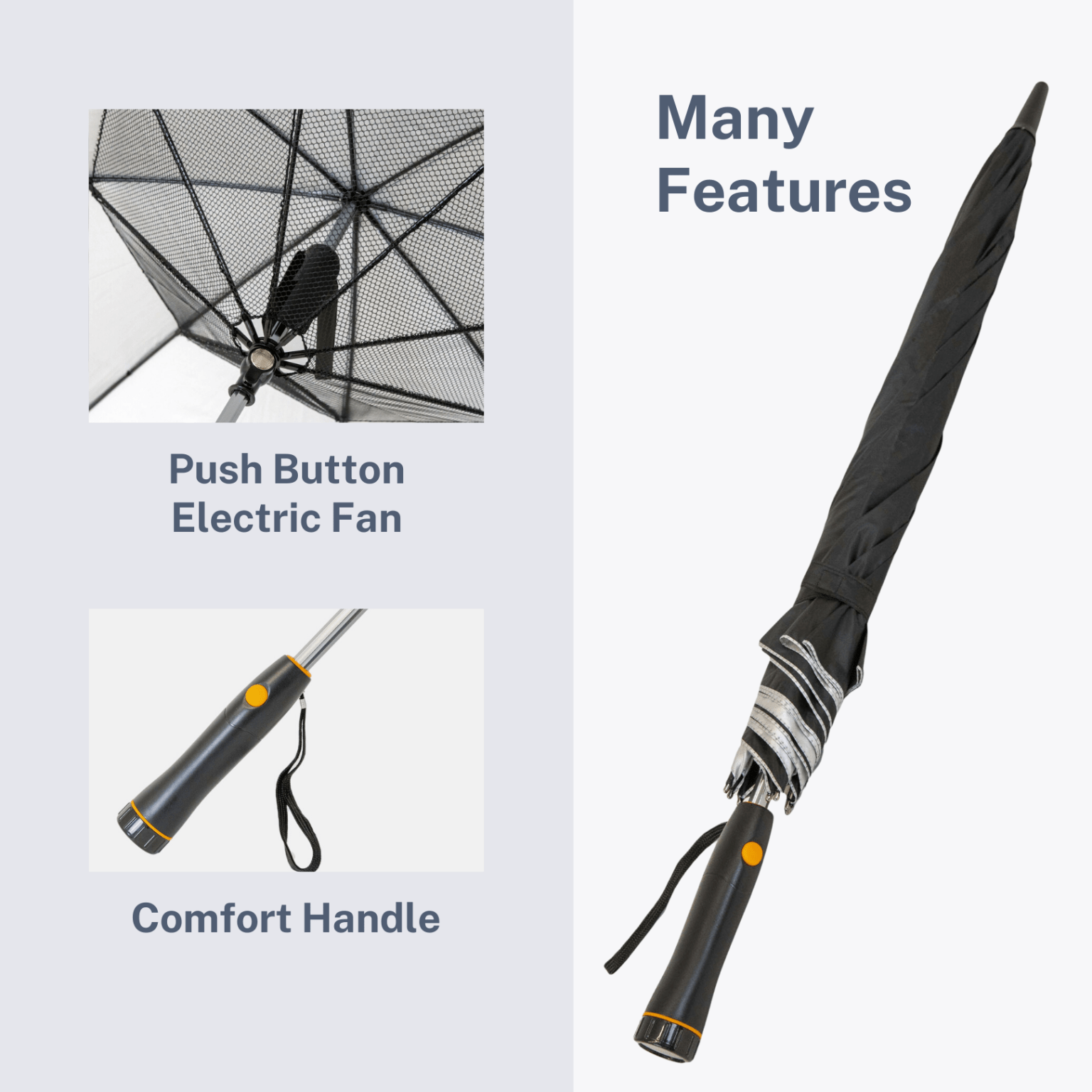 Fan Umbrella - Black UV Parasol with Built In Fan. Portable Cooling!