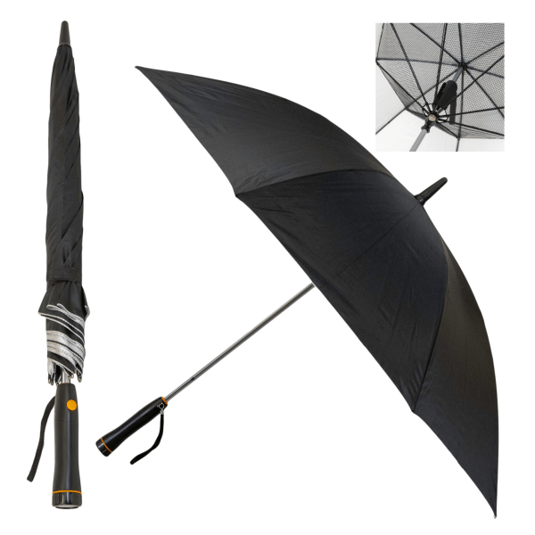 Fan Umbrella - Black UV Parasol with Built In Fan. Portable Cooling!